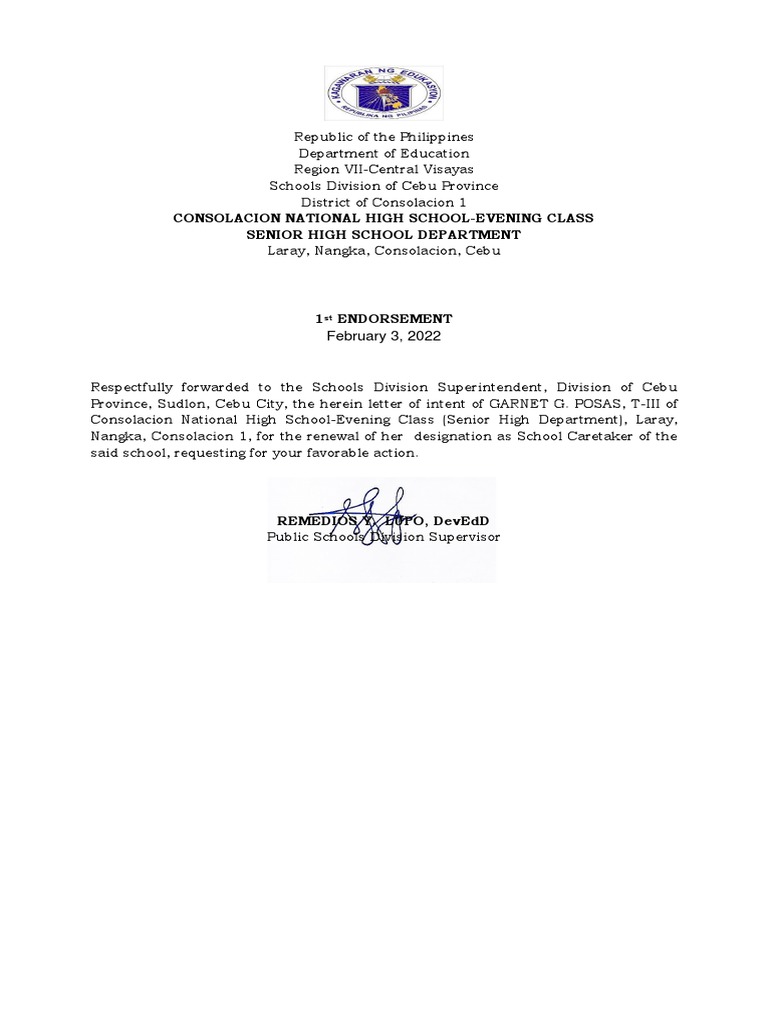 Endorsement Letter of Intent GARNET G. POSAS | PDF