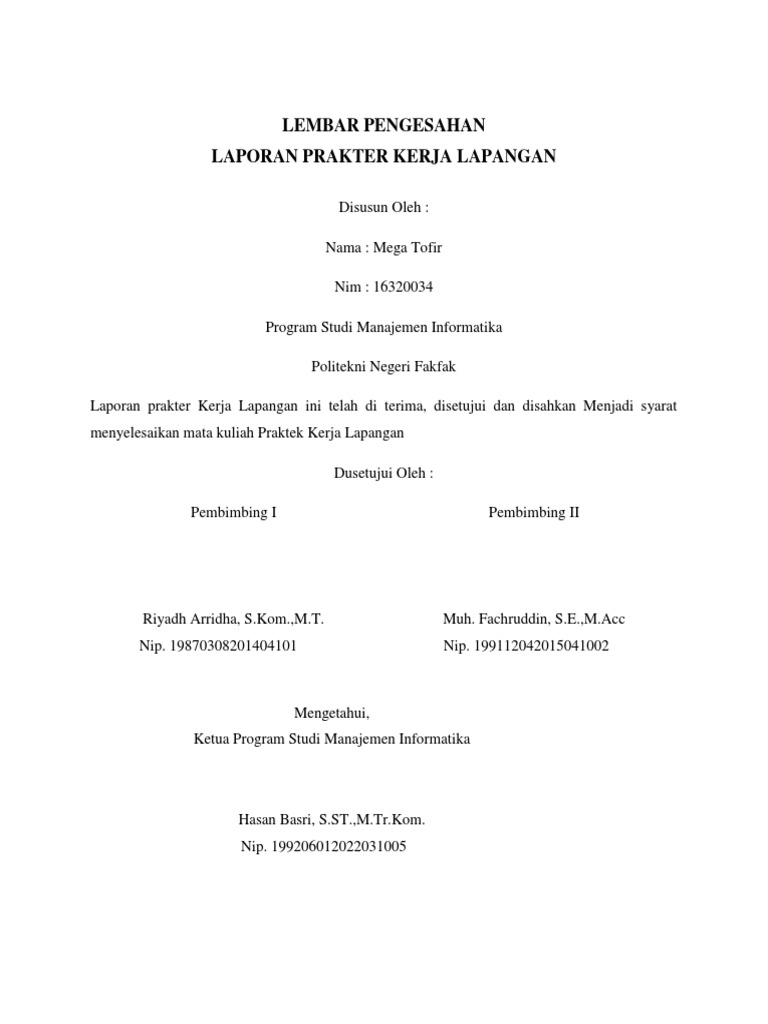 Lembar Pengesahan Laporan Praktek Kerja | PDF