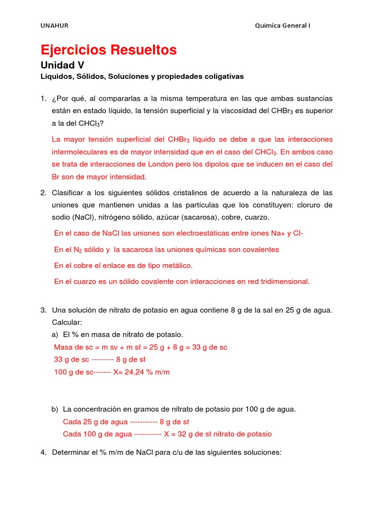 Resolución Ejercicios 1-15 Unidad V | PDF | Concentración | Sólido