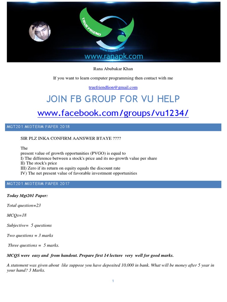 MGT201 Midterm Papers Shared by Students 2018 | PDF | Net Present Value ...