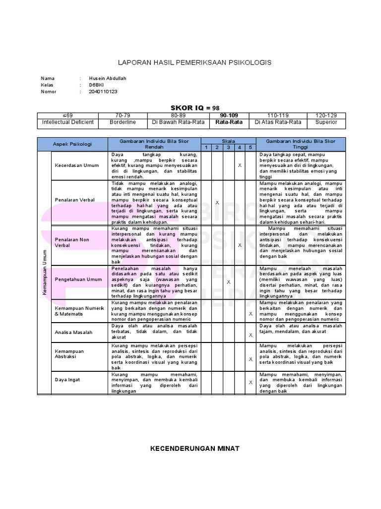 Hasil Psikotes Husein Abdullah D6BKI | PDF