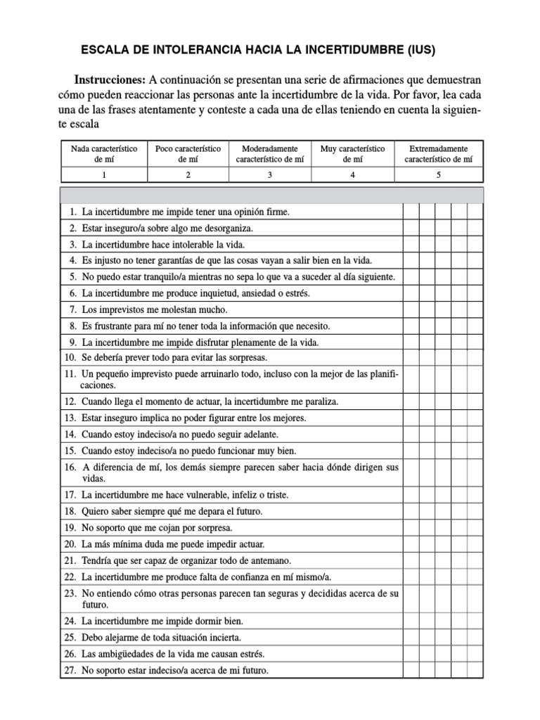 Escala de Intolerancia A La Incertidumbre | PDF