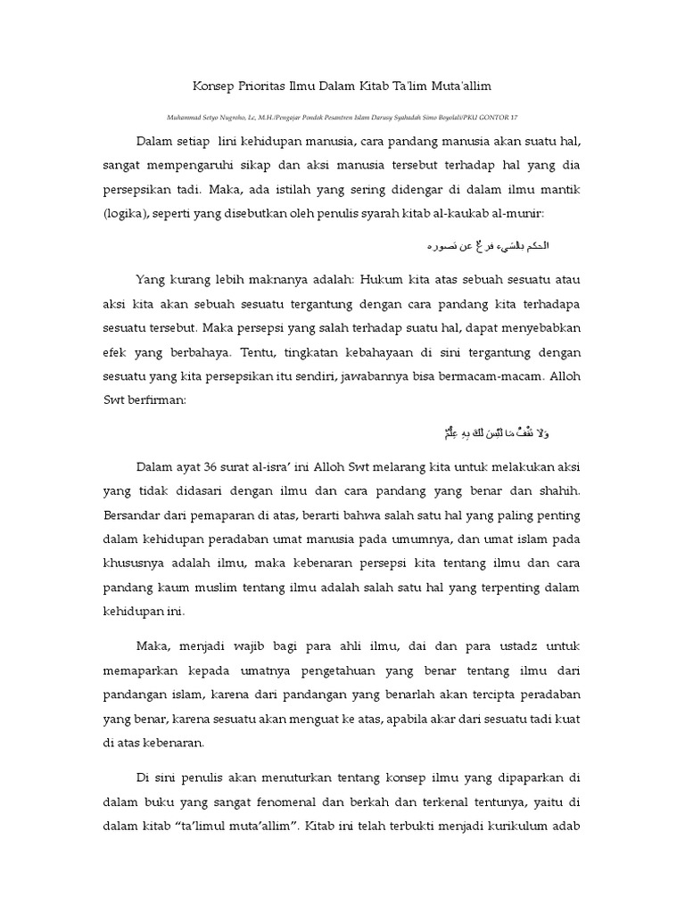 Konsep Prioritas Ilmu Dalam Kitab Ta'lim Muta'allim (Setyo) | PDF