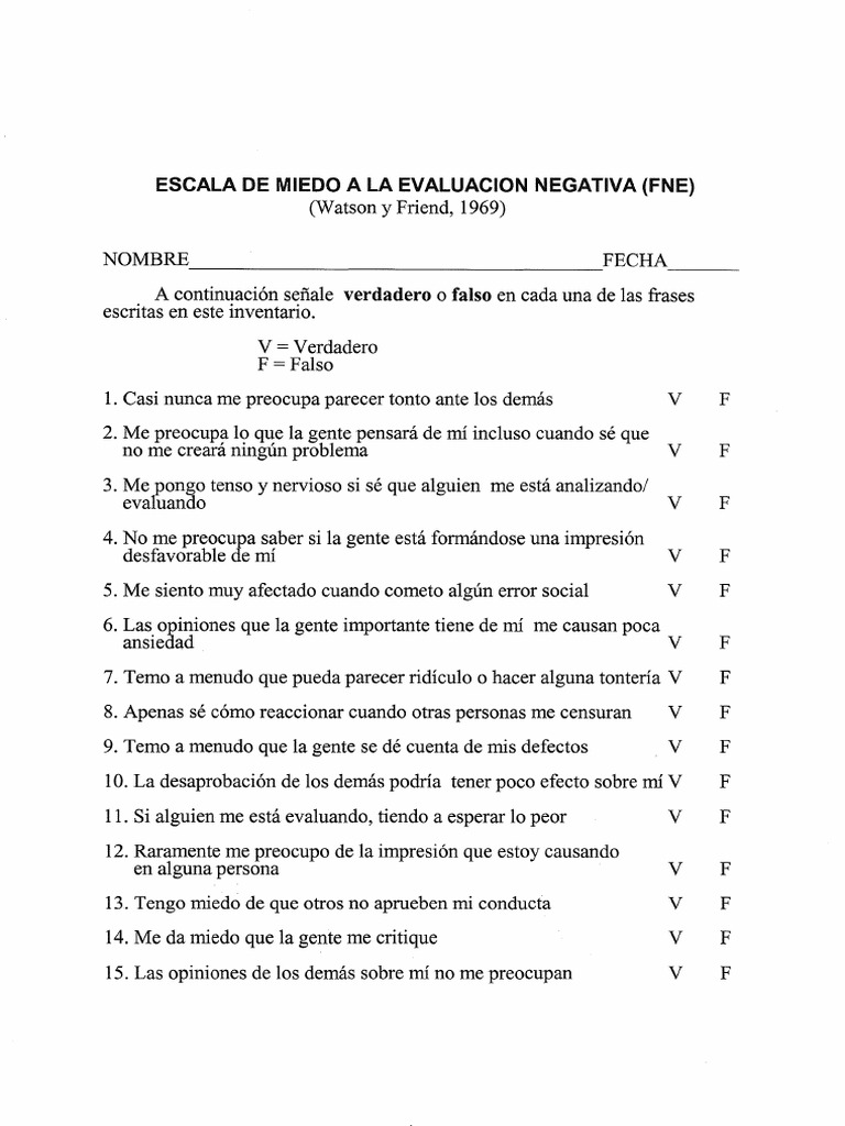 Escala de Miedo A La Evaluacion Negativa | PDF | Sicología