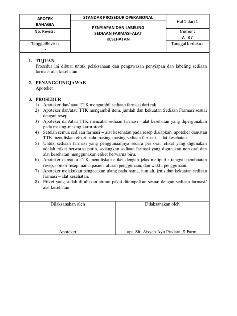 7 Sop Penyiapan Dan Labeling | PDF