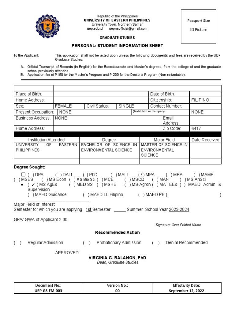 FM003.PDS Student Info Sheet | PDF | Doctor Of Philosophy | Academia