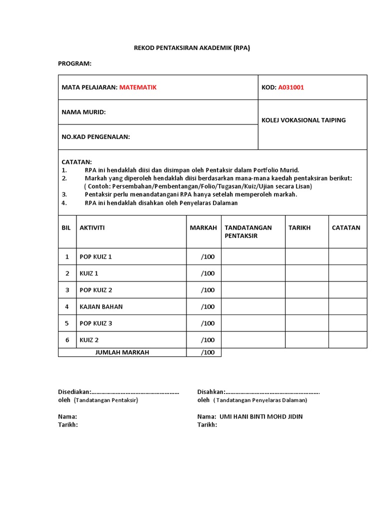 Rekod Pentaksiran Akademik (Rpa) Program: Mata Pelajaran: Kod: Nama Murid: Kolej Vokasional ...