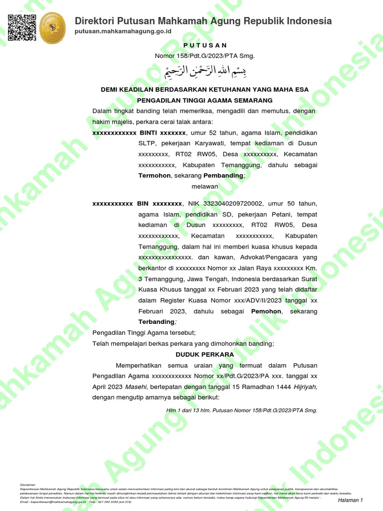 Putusan Cerai Talak PTA Semarang | PDF