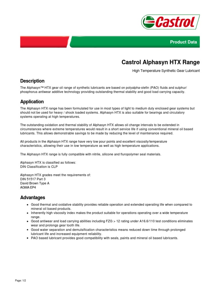 Castrol Alphasyn HTX Range | PDF | Lubricant | Chemical Substances