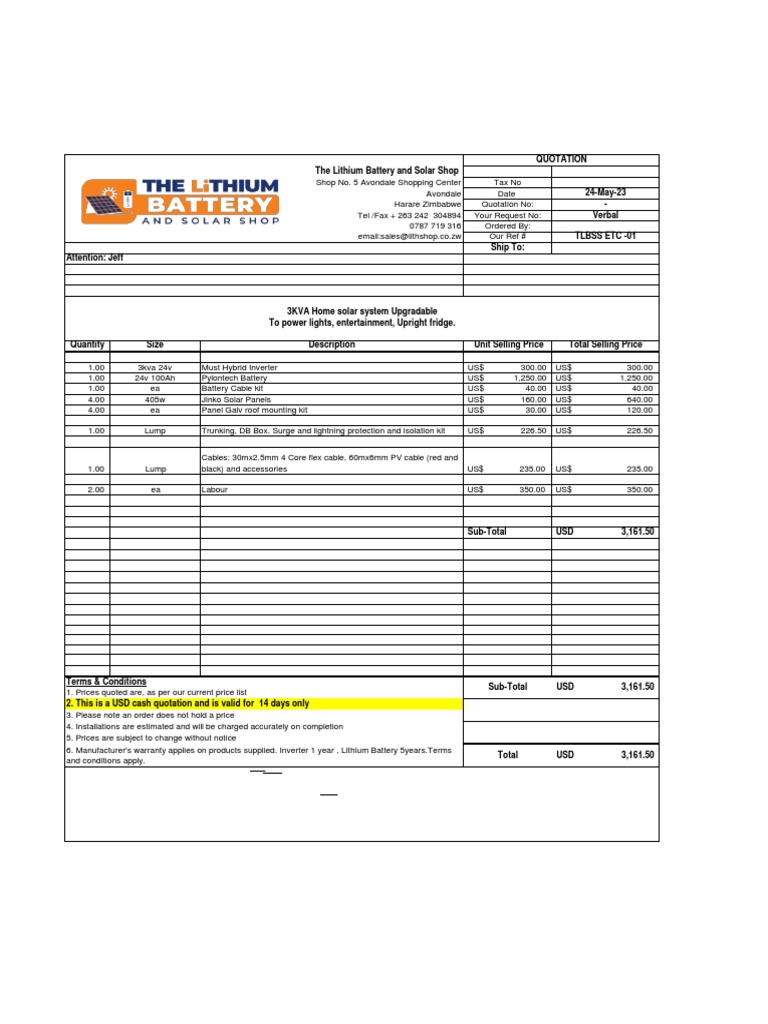 3kVA Quote Jeff (Pylontech Battery) | PDF | Solar Energy | Electric Power