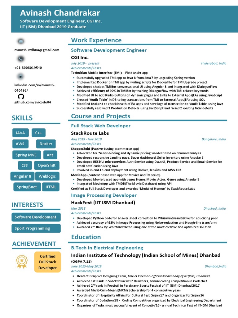 Avinash Chandrakar's IIT Dhanbad Resume | PDF | Web Application | Computing