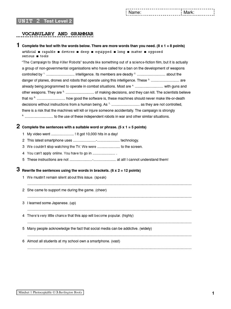 01mindset1 Unit2 Test Vocabulary Grammar | PDF | Robot | Robotics