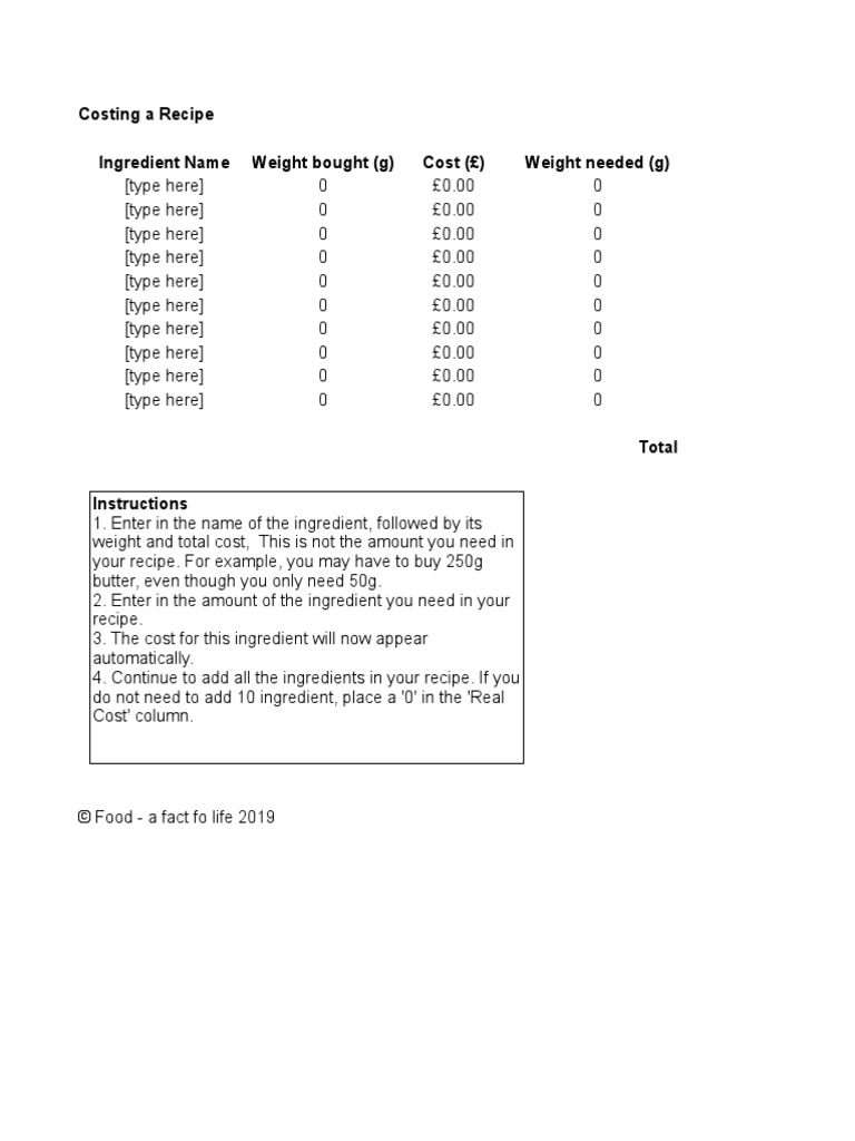 Recipe Costing Worksheet Guide | PDF