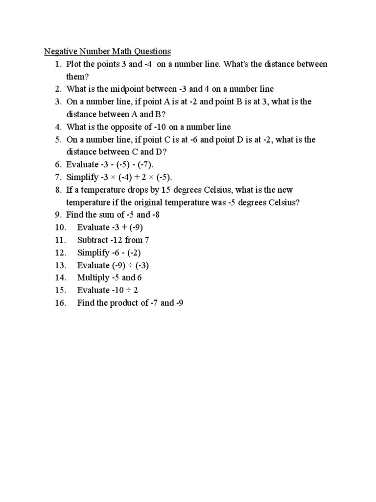 Negative Number Math Questions | PDF