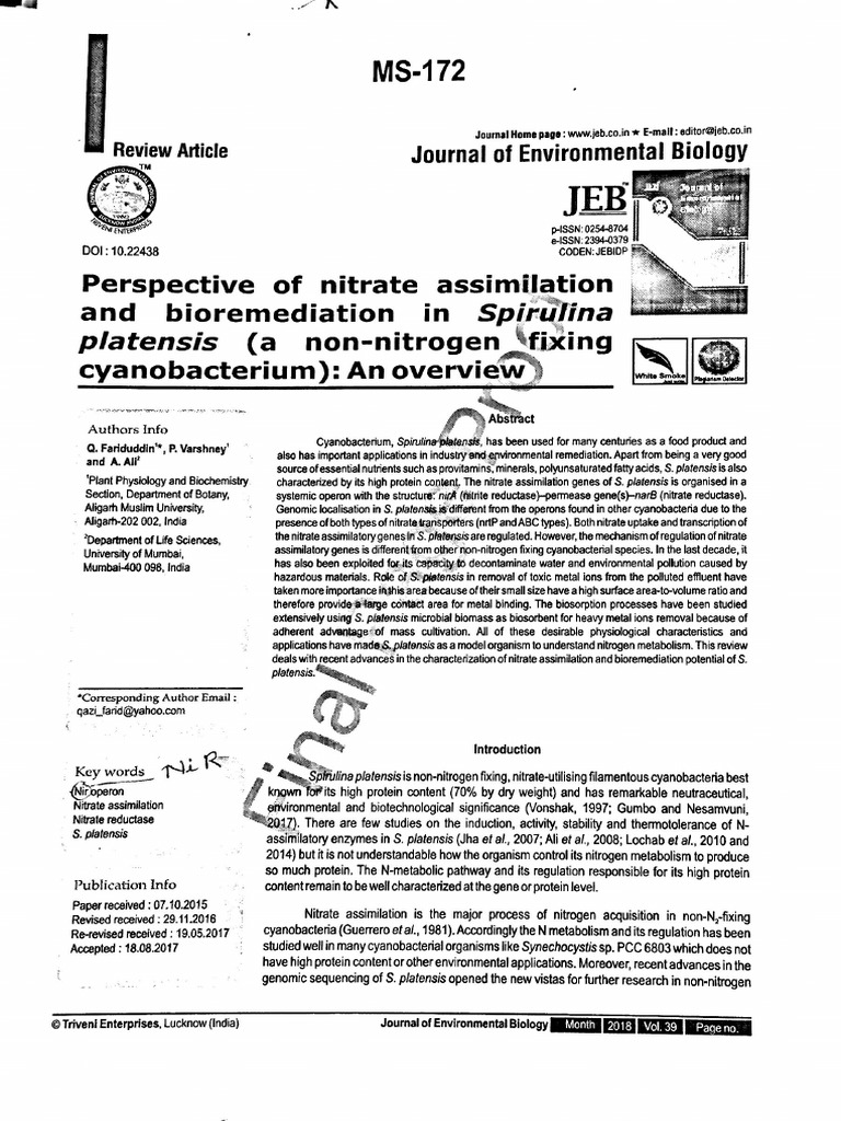 Ali Spirulina Nitrate Assimilation Review JEB | PDF