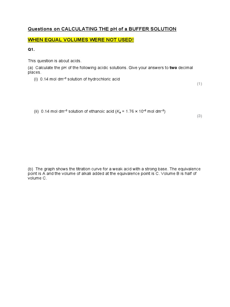 W18 Questions On CALCULATING THE PH of A BUFFER SOLUTION | PDF | Ph | Buffer Solution
