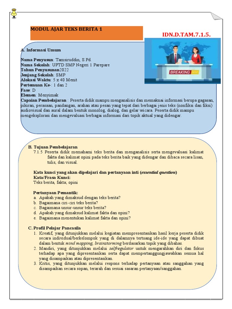 Modul Ajar Bahasa Indonesia - 7.1.5 Memahami Teks Berita - Fase D | PDF