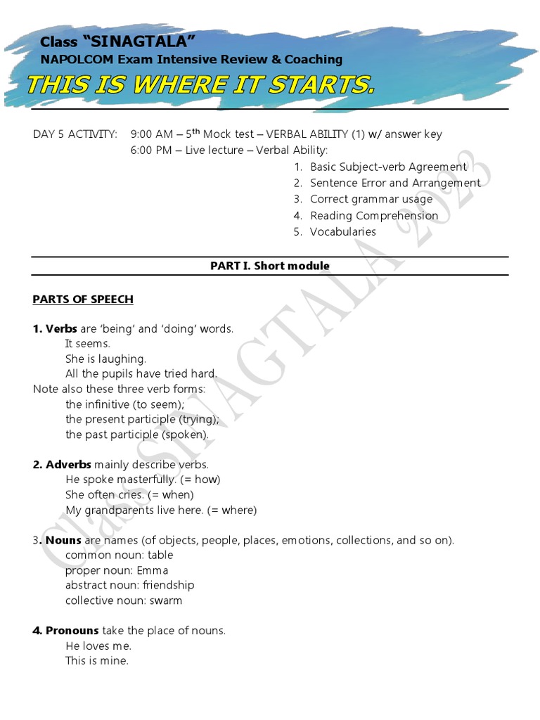 05 Mock - Verbal (1) - Class Sinagtala 2023 | PDF | Verb | Plural