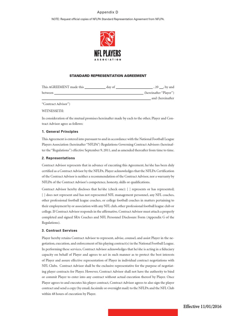 NFL Standard Representation Agreement | PDF | Payments | Expense