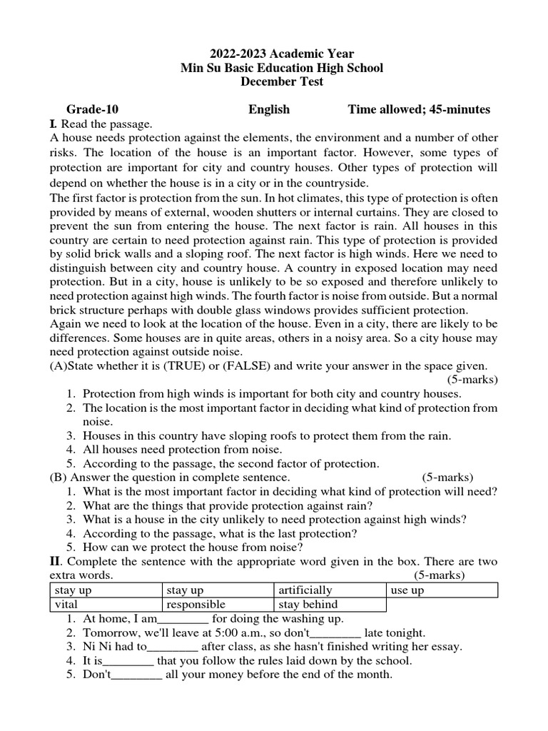 G10 December Test | PDF | Syntax | Grammar