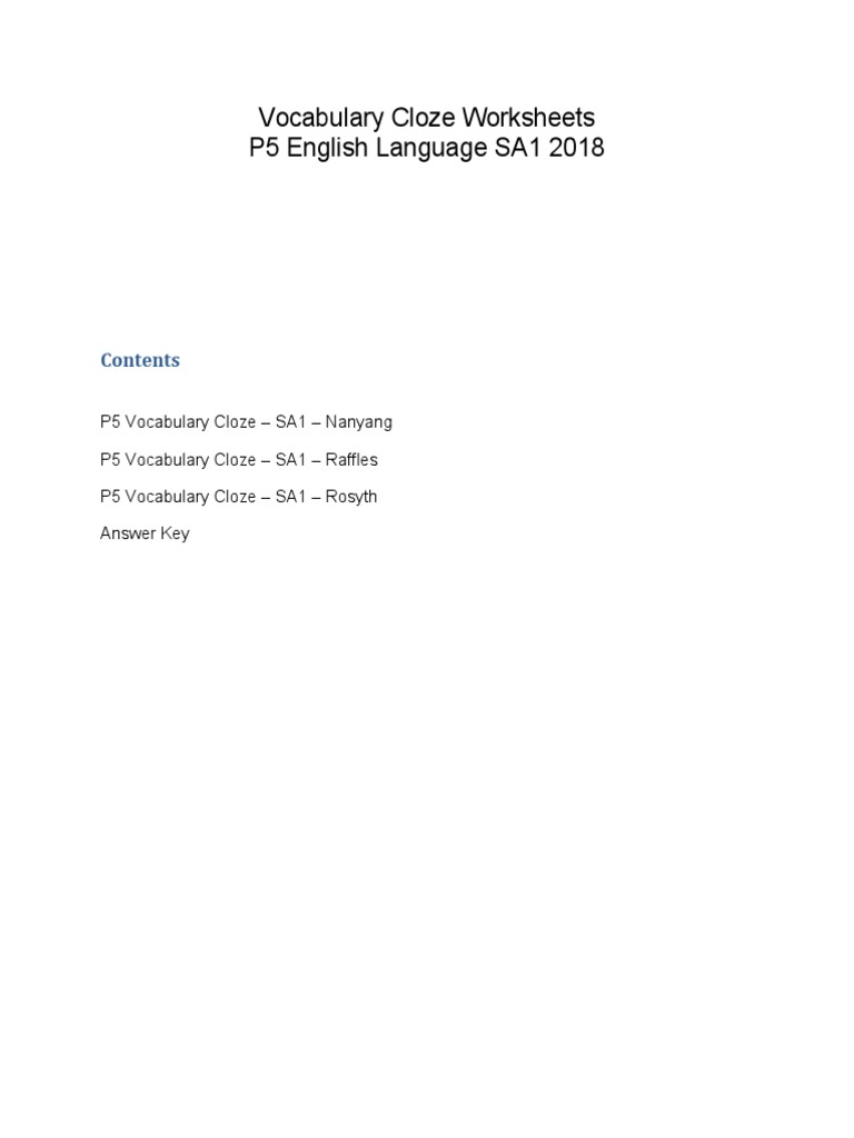 P5 English SA1 2018 Vocabulary Cloze Top3 Worksheets | PDF