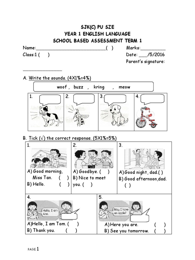 Year 1 English Assessment Paper | PDF | Softlines (Retail) | Clothing