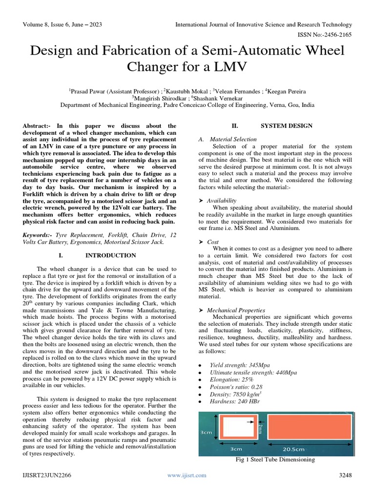 Design and Fabrication of A Semi-Automatic Wheel Changer For A LMV | PDF | Bearing (Mechanical ...