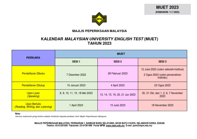 Kalendar MUET 2023 dan Tarikh Penting | PDF