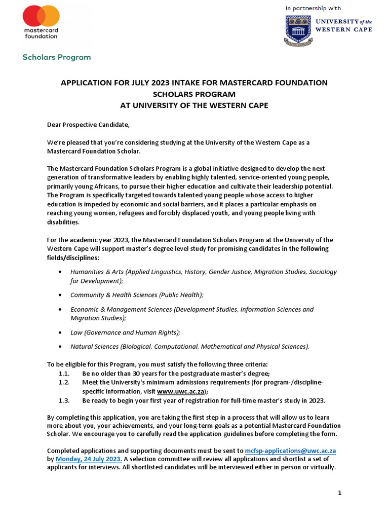 UWC MCFSP Application Form V 06072023 | PDF | Refugee | Academic Degree