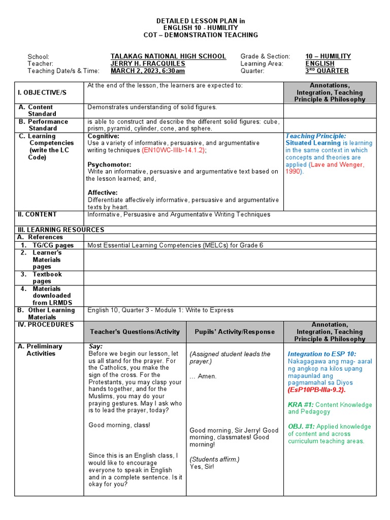 Cot 2 - English 10 Prowess (March 2, 2023, Thursday) | PDF | Teachers ...