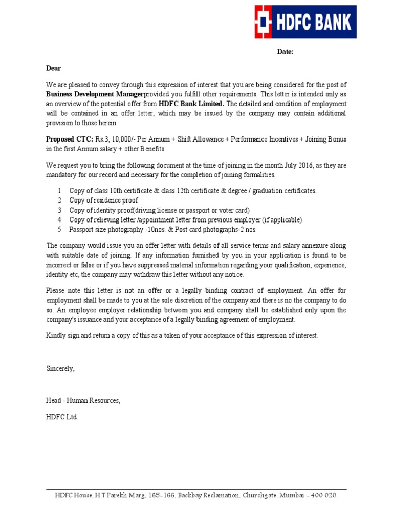 HDFC Bank Appointment Letter Overview | PDF | Career & Growth