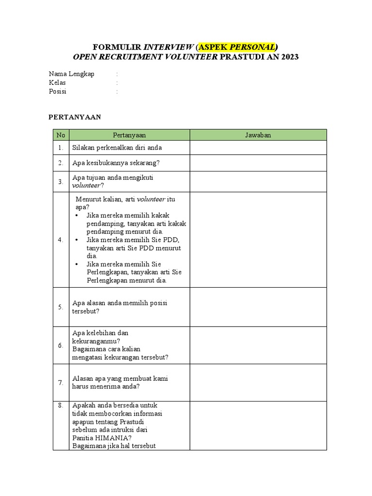(Aspek Personal) Formulir Penilaian Interview Volunteer | PDF