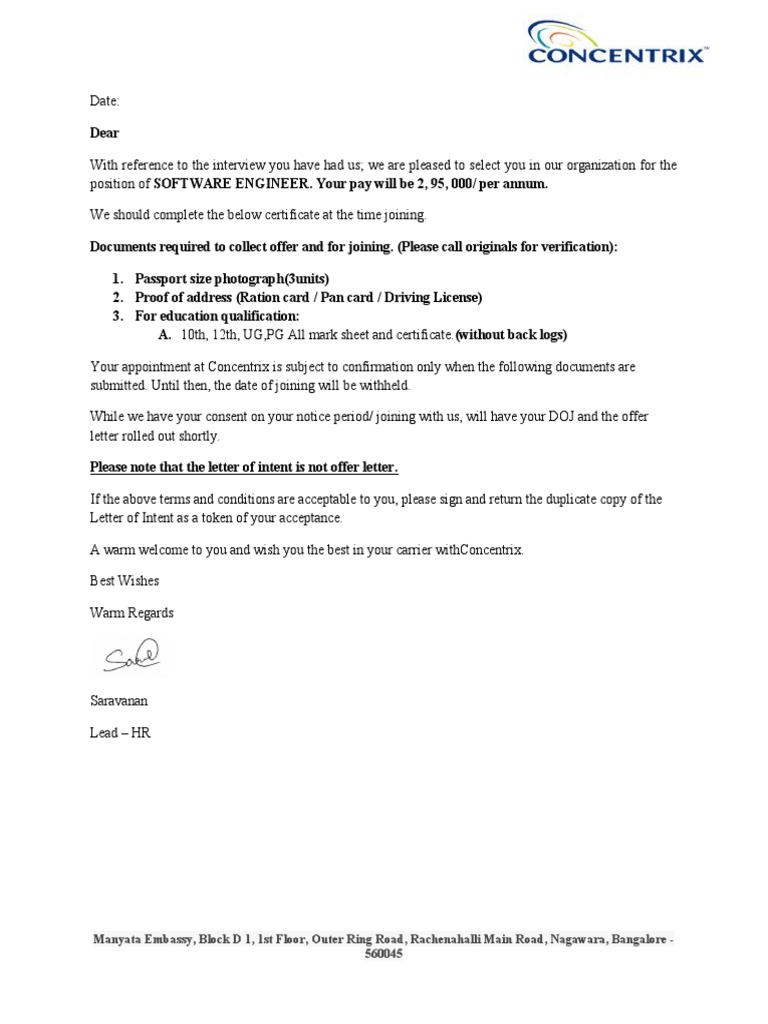 Concentrix Software Engineer Offer Letter | PDF