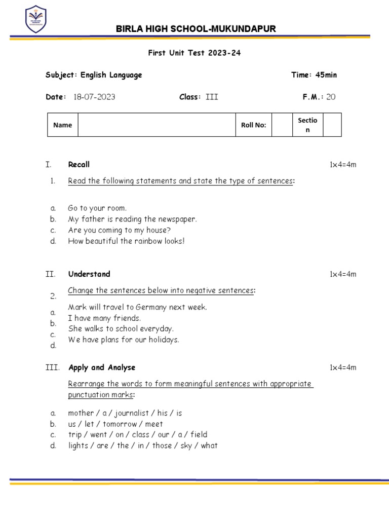 Class III - English Language Unit Test QP | PDF | Cognition | Linguistics