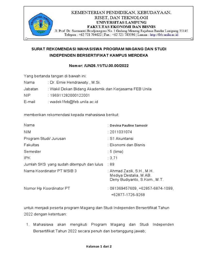Devina Pauline Samosir - Surat Rekomendasi MSIB | PDF