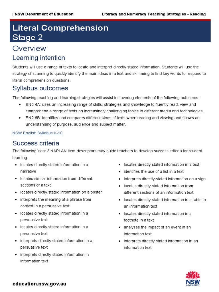 Stage 2 Literal Comprehension Strategies | PDF | Reading Comprehension ...