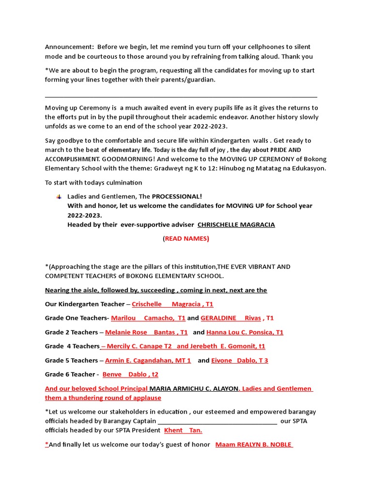 Moving Up Ceremony Script | PDF