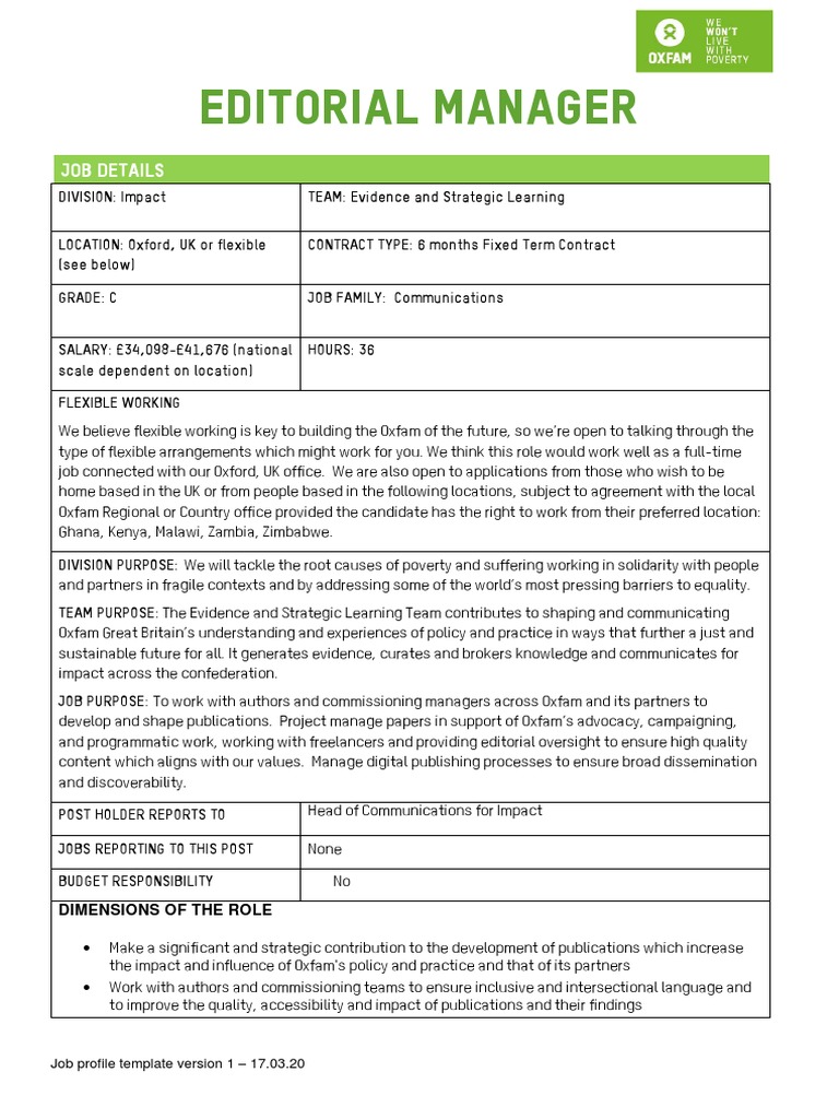 OXFAM - Editorial Manager March 2023 6mth FTC | PDF | Oxfam | Experience