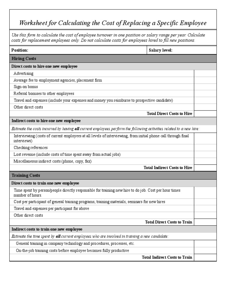 Worksheet For Calculating The Cost of Replacing A Specific Employee ...