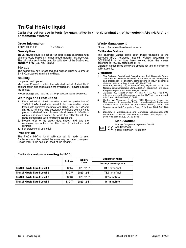 TruCal HbA1c Liquid Calibrator Set | PDF | Glycated Hemoglobin ...