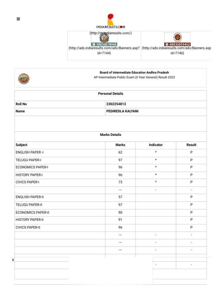 AP Intermediate Public Exam (II Year General) Result 2023 - Board of ...