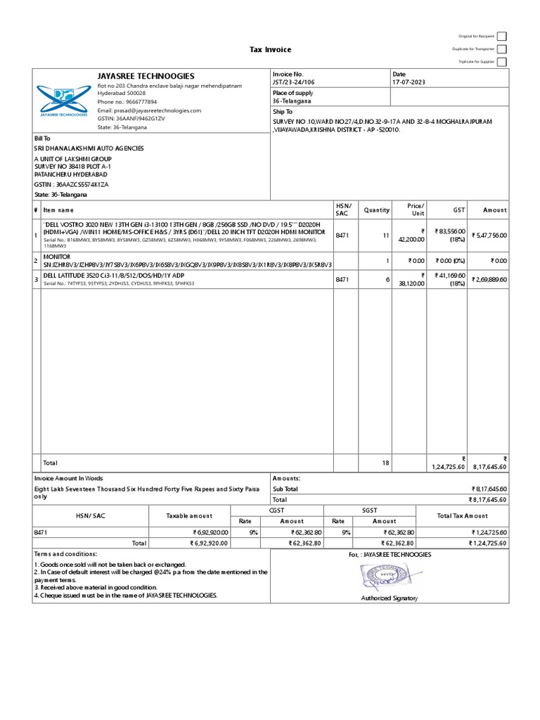 Tax Invoice for Jayasree Technologies | PDF | Economies | Taxes