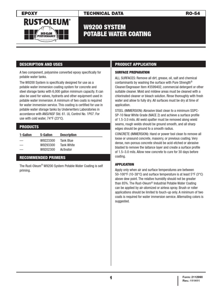 W9200 System 250 VOC Potable Water Coating - Technical Data Sheet | PDF ...