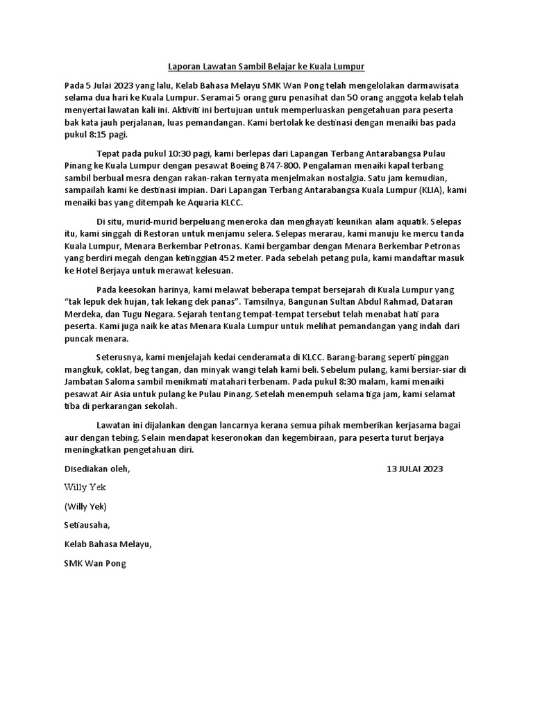 Laporan Lawatan Sambil Belajar Ke Kuala Lumpur Pdf