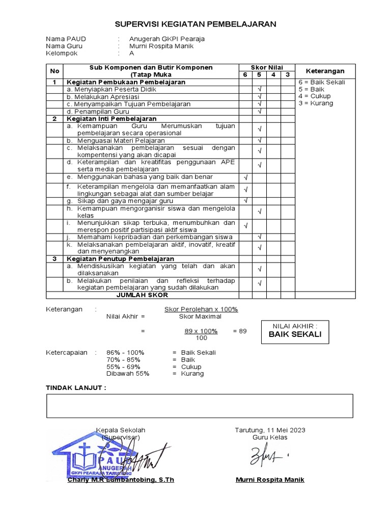 Contoh Supervisi Kegiatan Pembelajaran | PDF