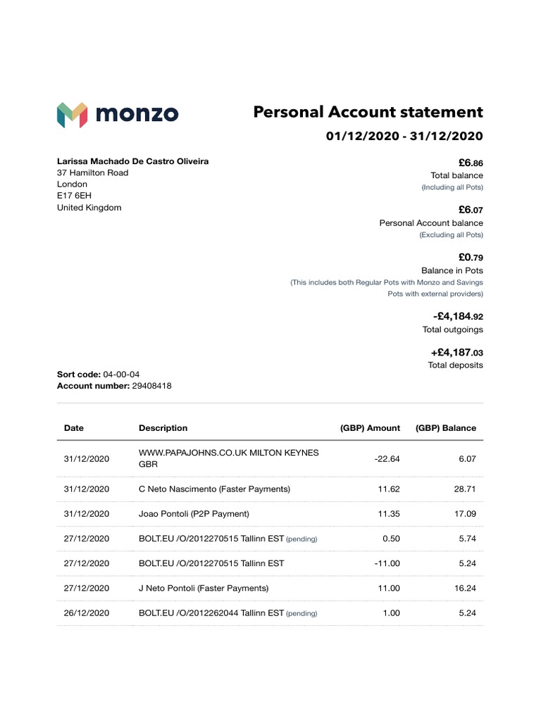 Monzo Bank Statement 2020 12 01-2020 12 31 8417 | PDF | Deposit Account ...