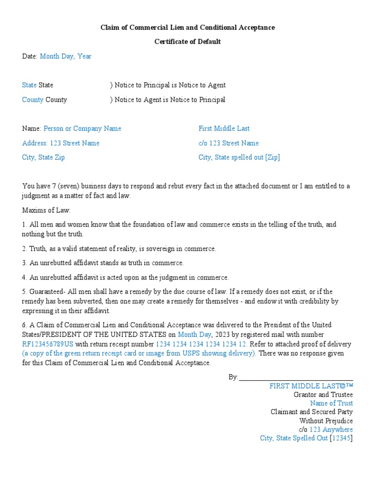 1. Certificate of Default for Claim of Commercial Lien and Conditional ...