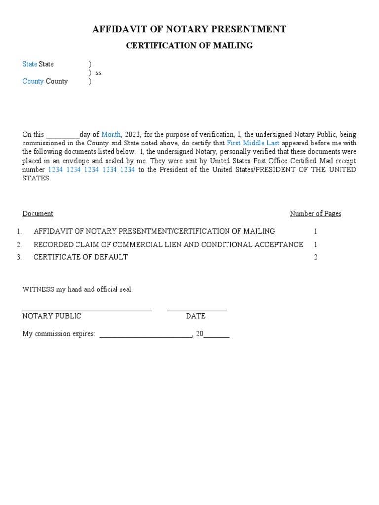 2. Certificate of Default Affidavit of Notary Presentment ...