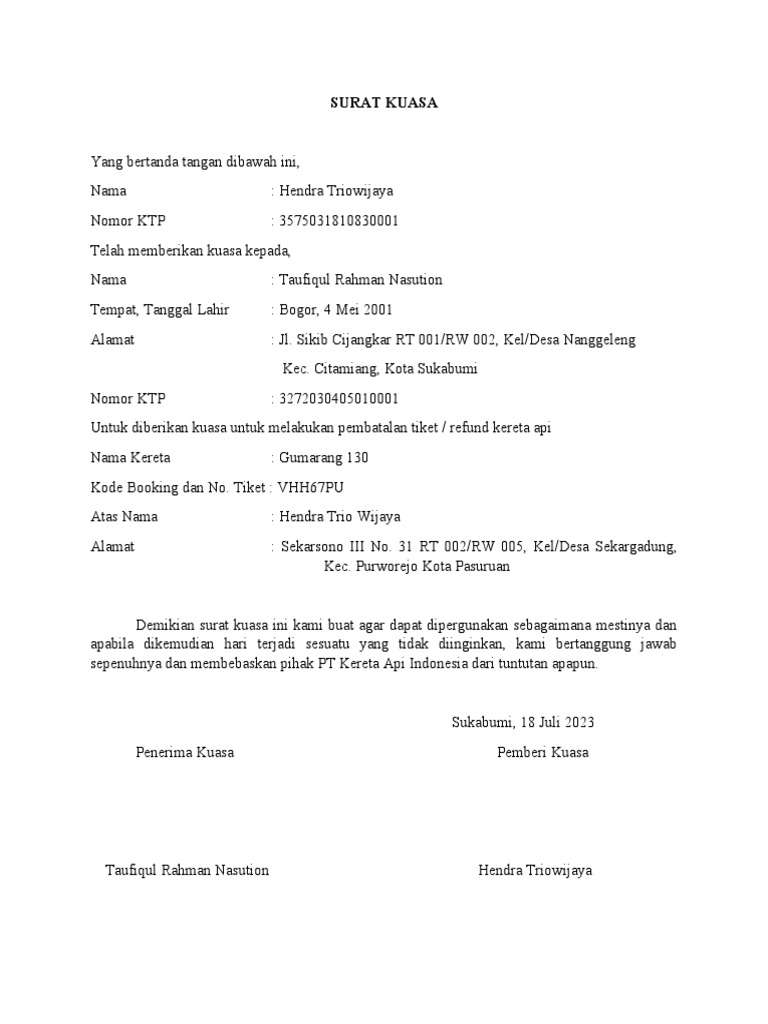 Surat Kuasa Refund Tiket Kereta | PDF