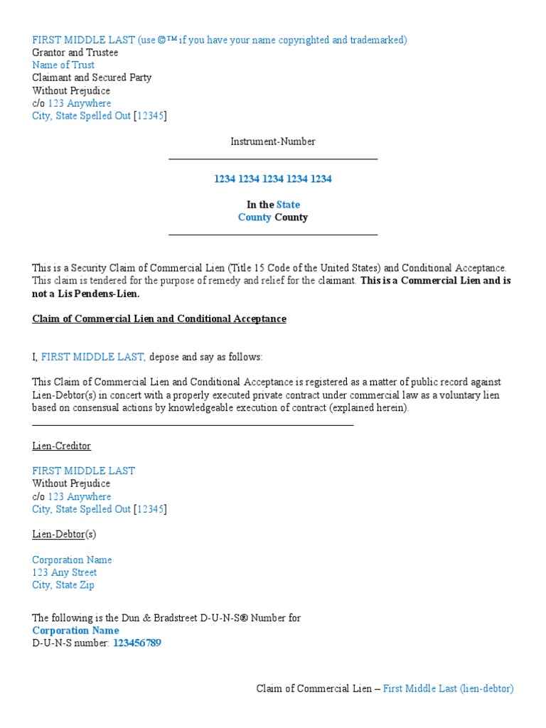 Claim of Commericial Lien For Individual Lien-Debtor(s) | PDF | Lien ...